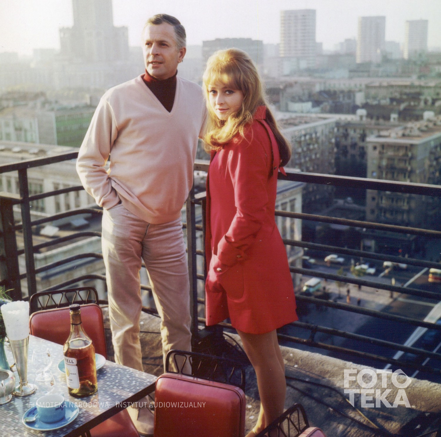 Polish actors Magda Zawadzka and Jan Machulski overlooking Warsaw, 1970 ...